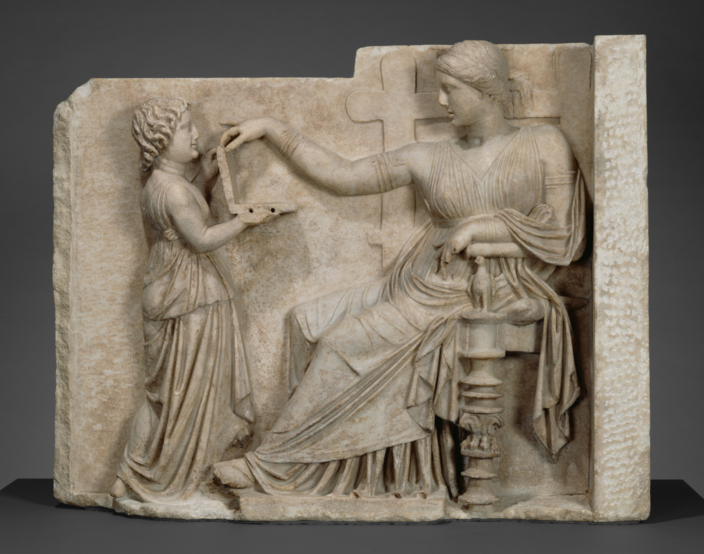 Grave Naiskos of an Enthroned Woman with an Attendant (Getty Museum)