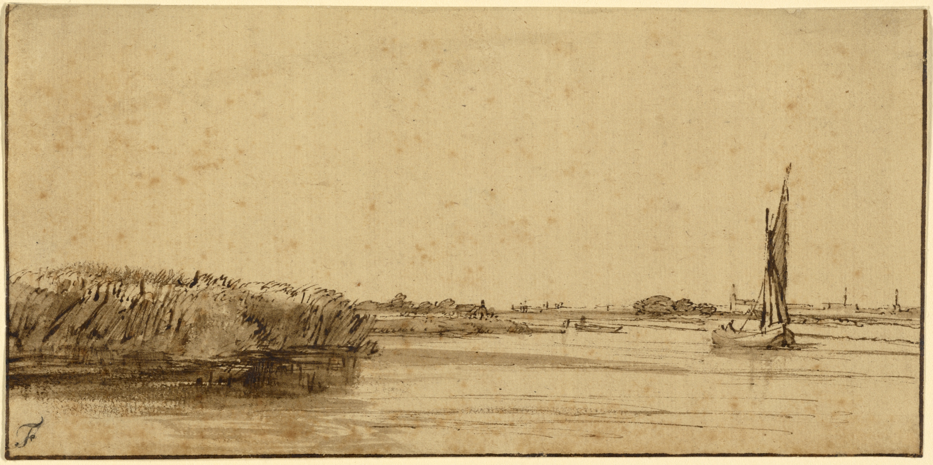 rembrandt van rijn: a sailing boat on a wide expanse of water | ±1650 ...